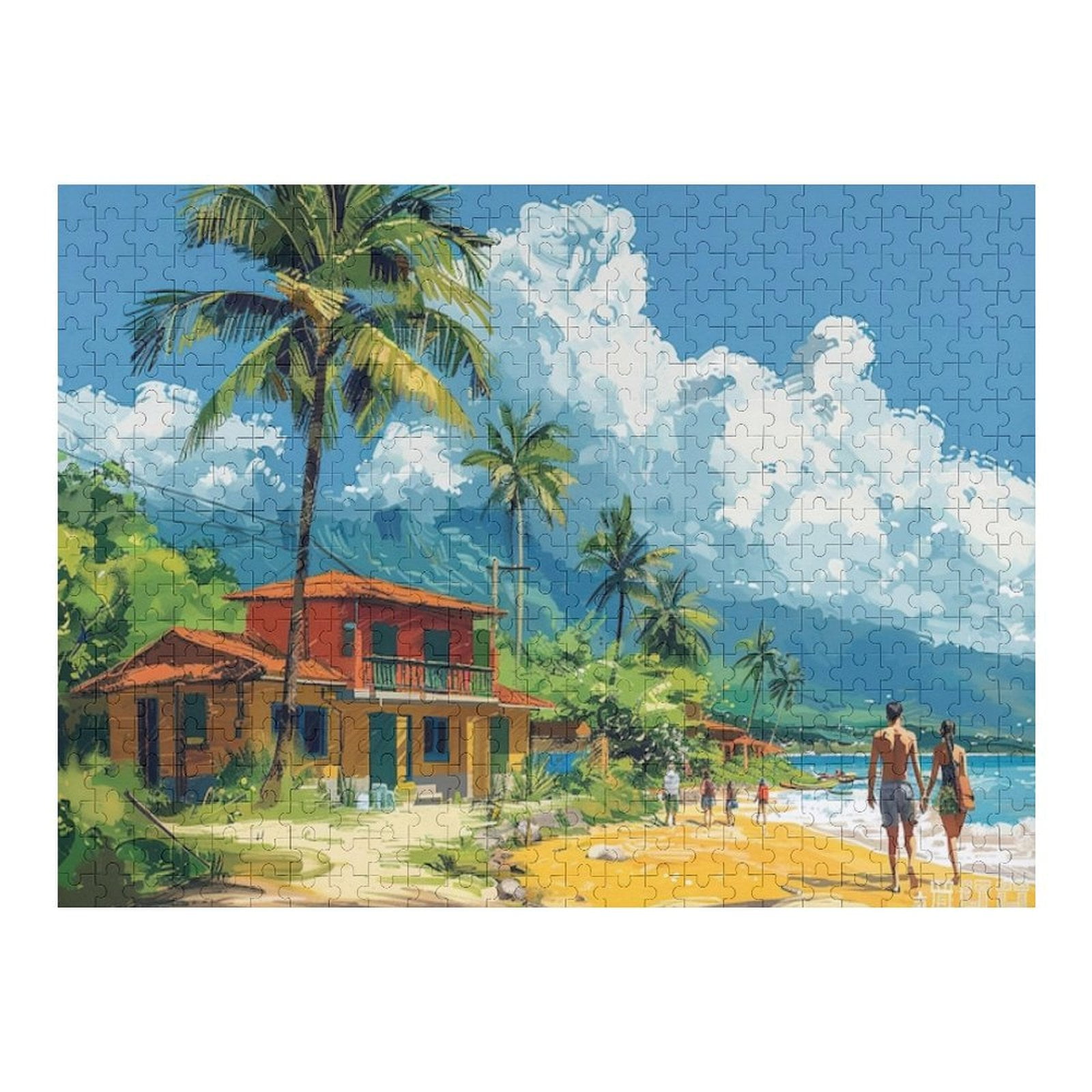 Jigsaw Puzzles - Tropical Beach Scene with Palm Trees, A House And ...