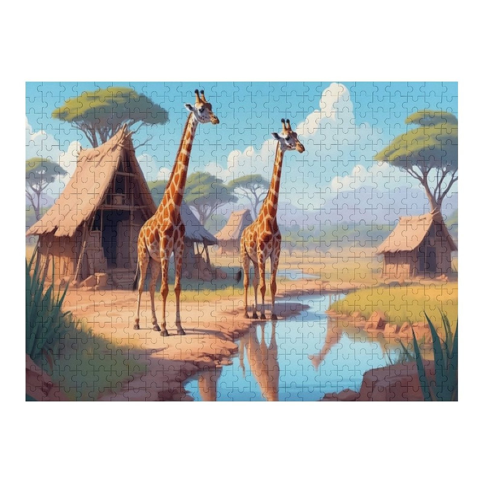 Jigsaw Puzzles - Two Giraffes near A Water Body with Thatched Huts And ...