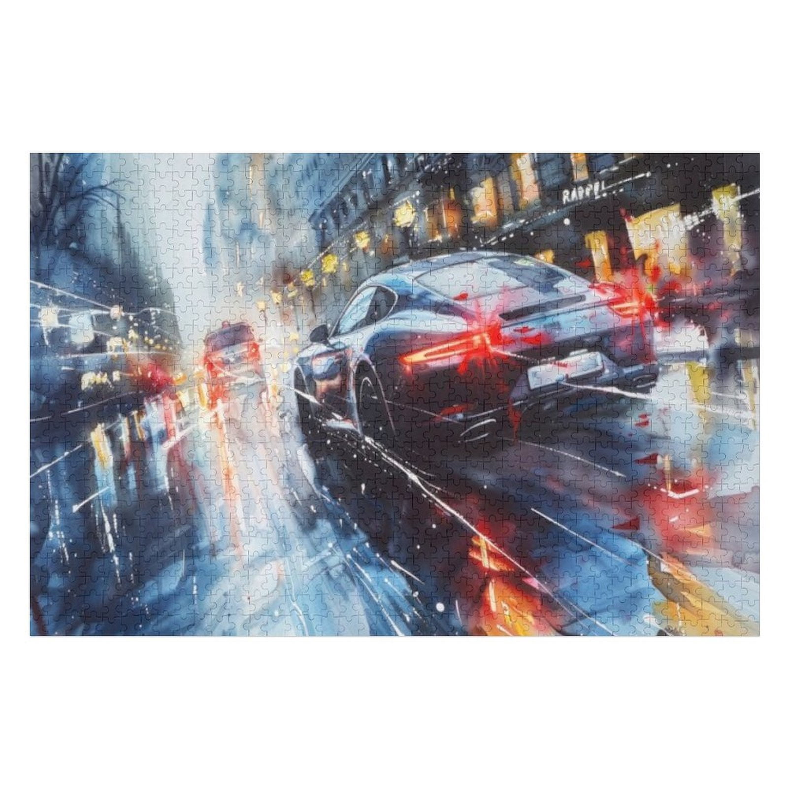 Jigsaw Puzzles- Watercolor Illustration of A Black Sports Car on A City ...