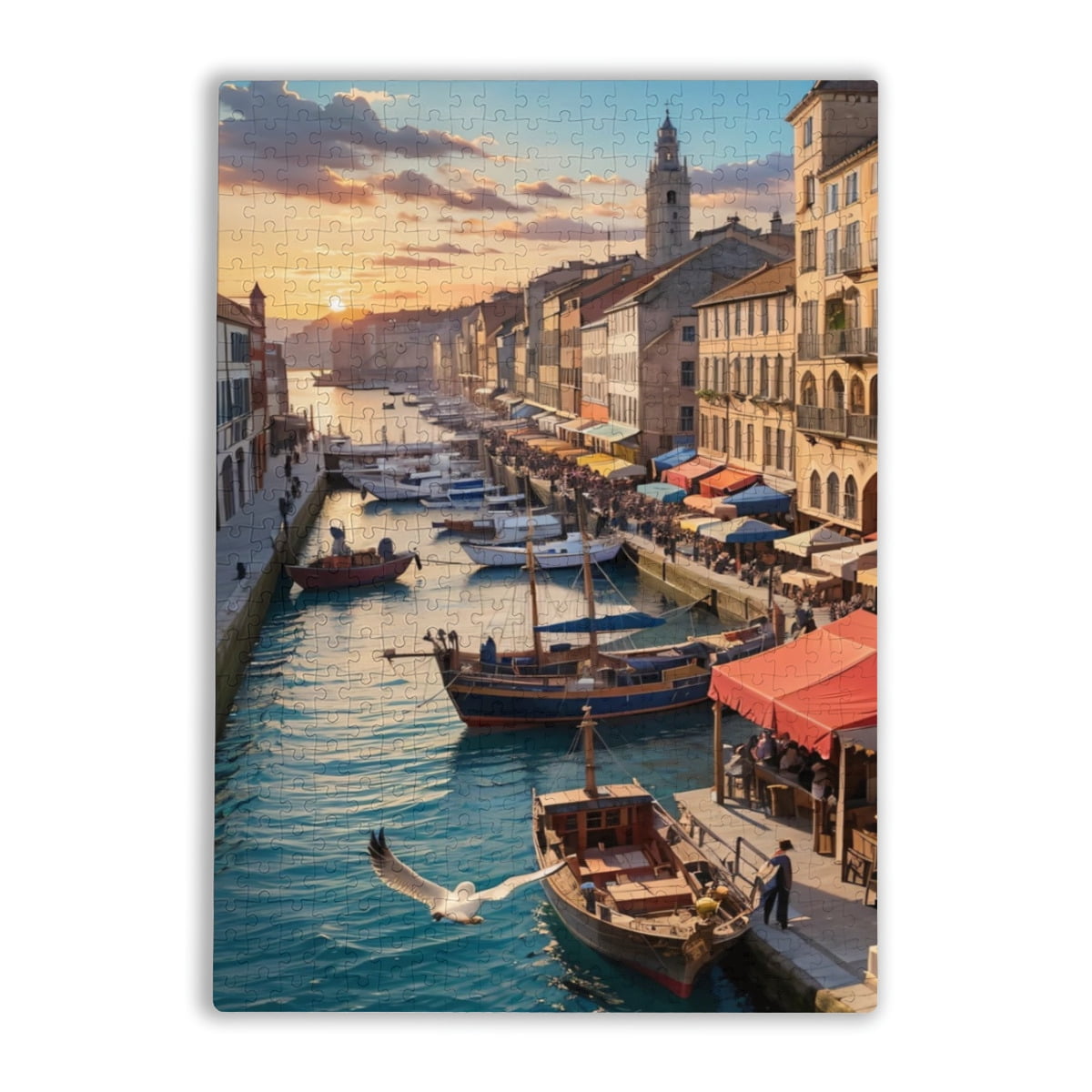 Jigsaw puzzle board Boats docked in a canal Stress relief gift ...