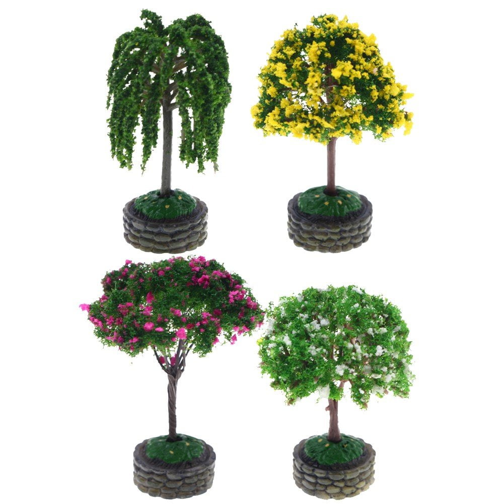 Jiibva 4pcs Miniature Model Trees, Simulated Scale Tree with Base for ...