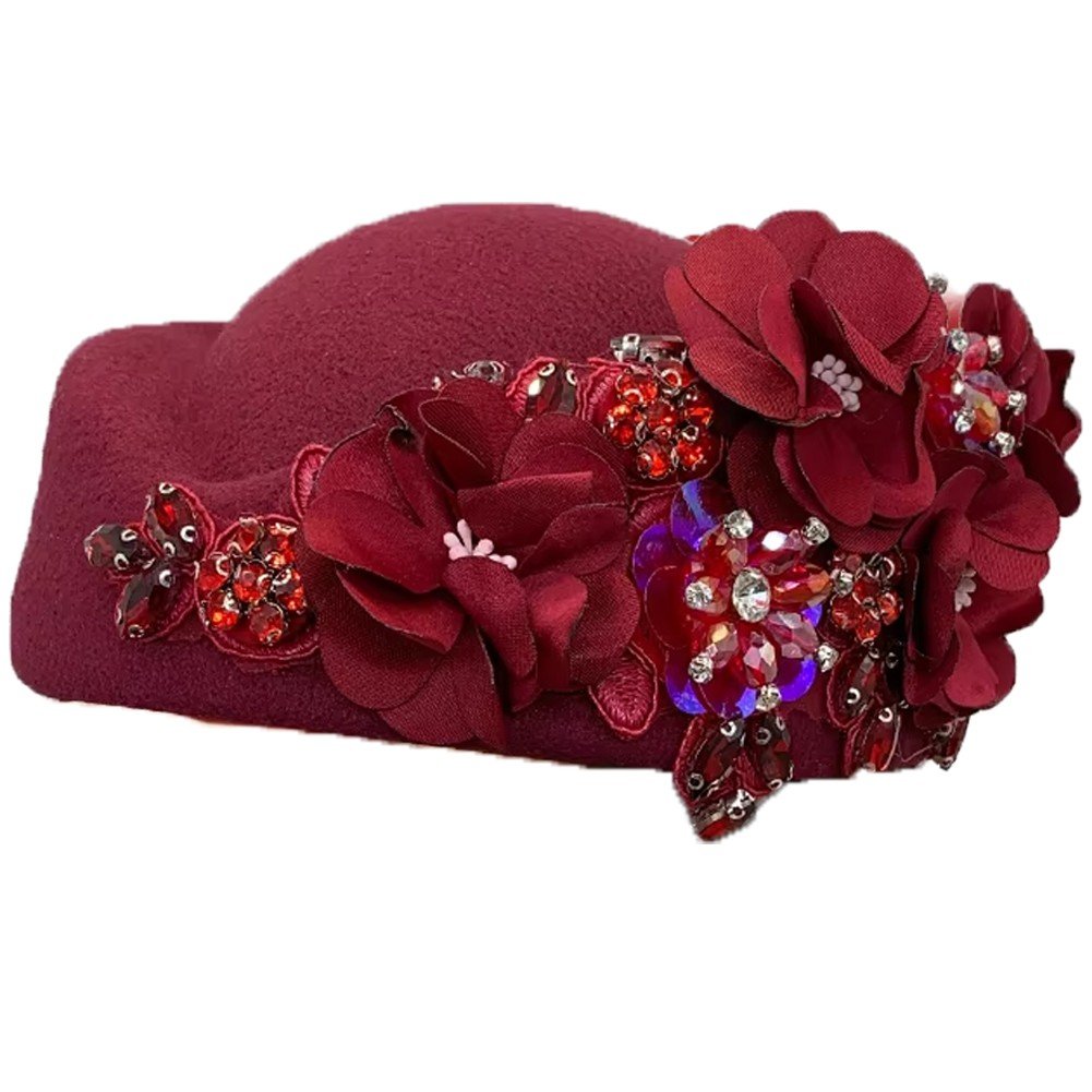 Jiibva Felt Beret Hat Floral Rhinestone Beret Caps Vintage British ...