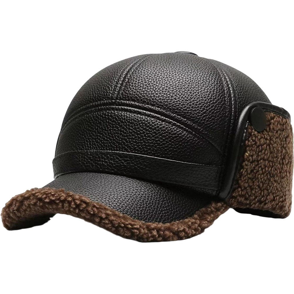 Jiibva Mens Ear Protection Cap PU Leather Thermal Baseball Hat Winter ...