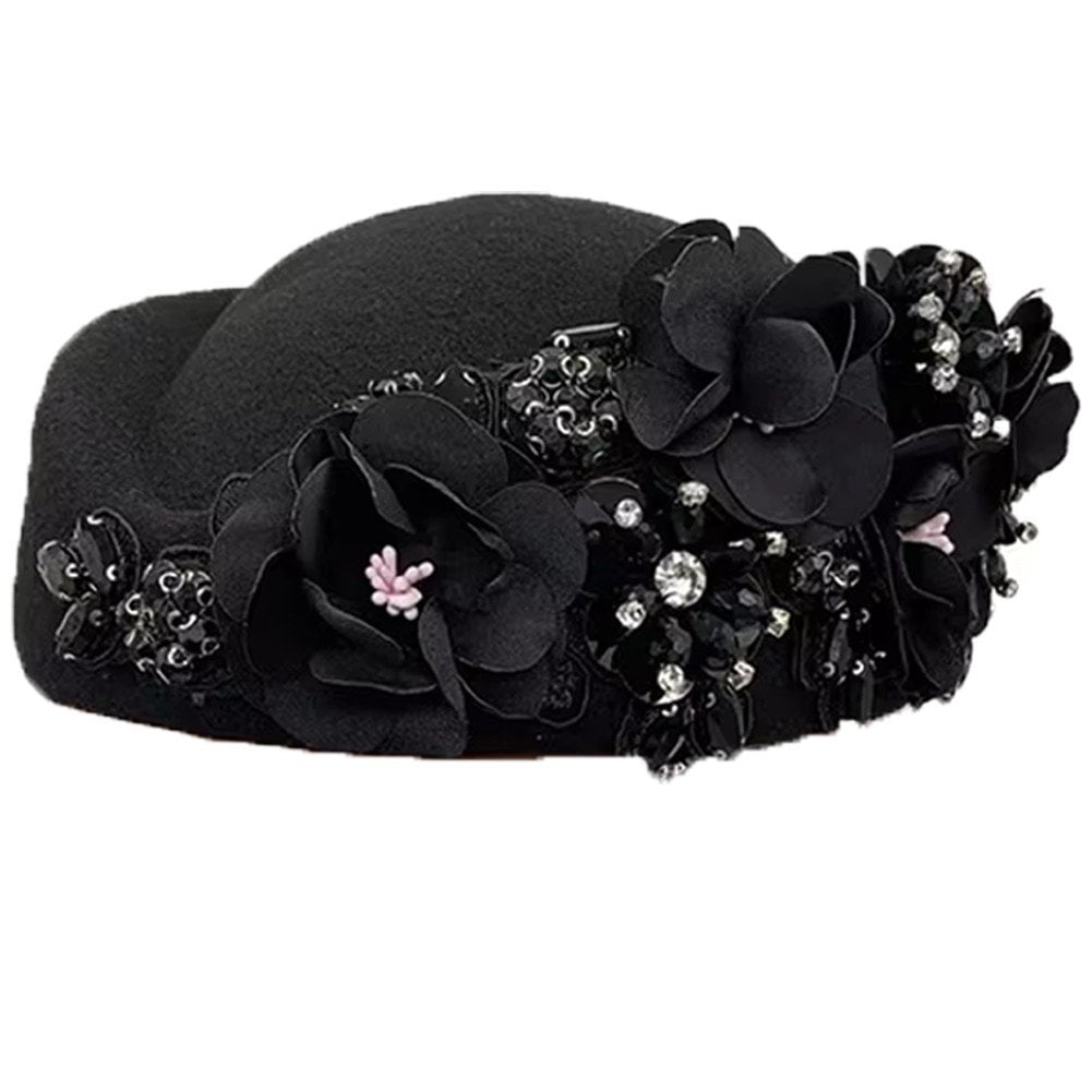 Jiibva Vintage British Turban Hat Felt Beret Hat Floral Rhinestone ...