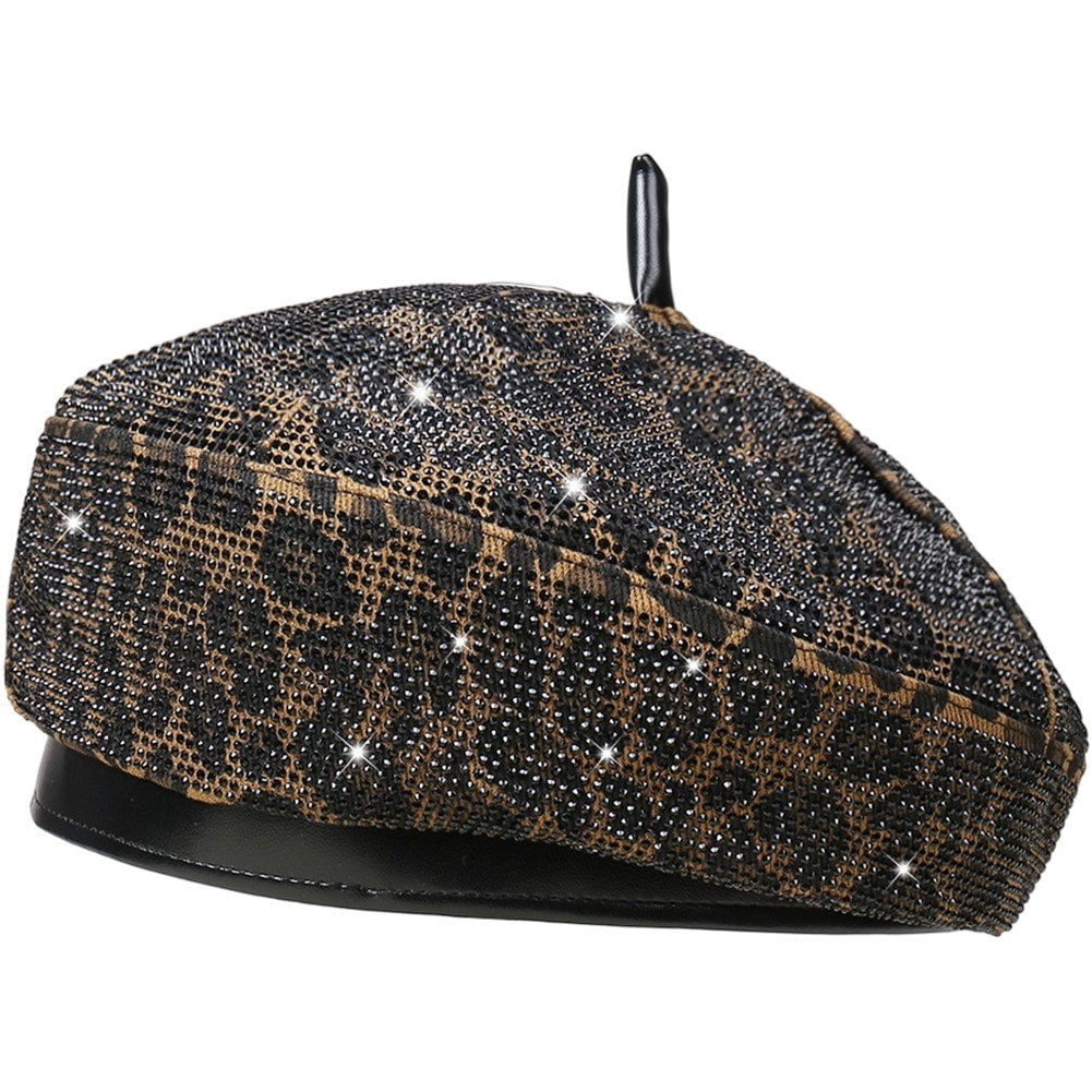 Jiibva Women Leopard Print Beret Leather Beret With Rhinestones Classic ...