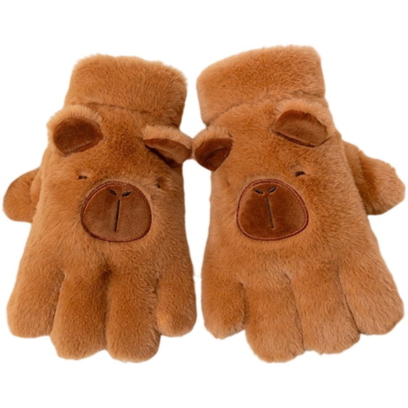 Jiibva Women's Winter Gloves Cute Kapibala Plush Gloves Five Fingers ...