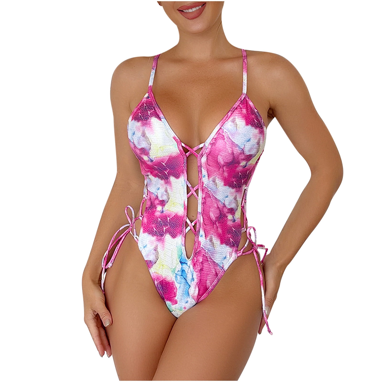 Jikolililili Womens Sexy One Pieces Swimsuit Lace Up Deep V Bathing