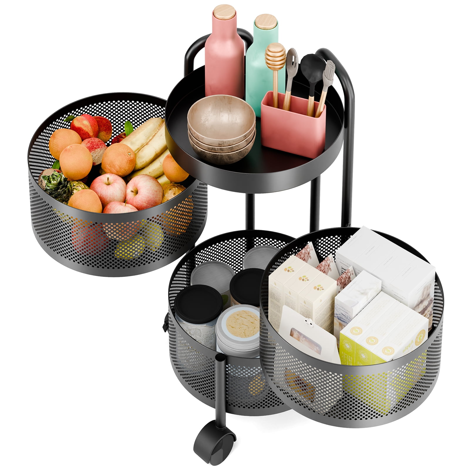 Jiledu Round Kitchen Storage Rack,3-Tier Rotating Metal Storage Tower ...