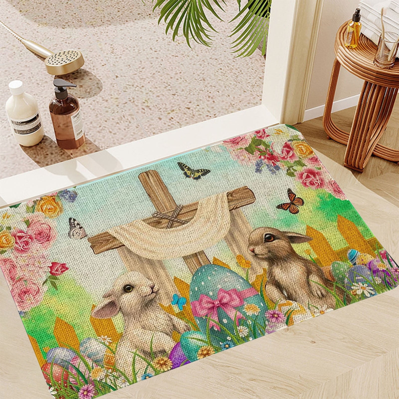 JilgTeok Happy Easter Kitchen Mats Spring Bunny Eggs Flowers Floral ...
