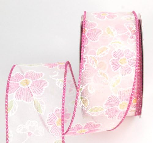 Jill Pink Wired Sheer White and Pink and Yellow Flower Spring Ribbon 2 ...