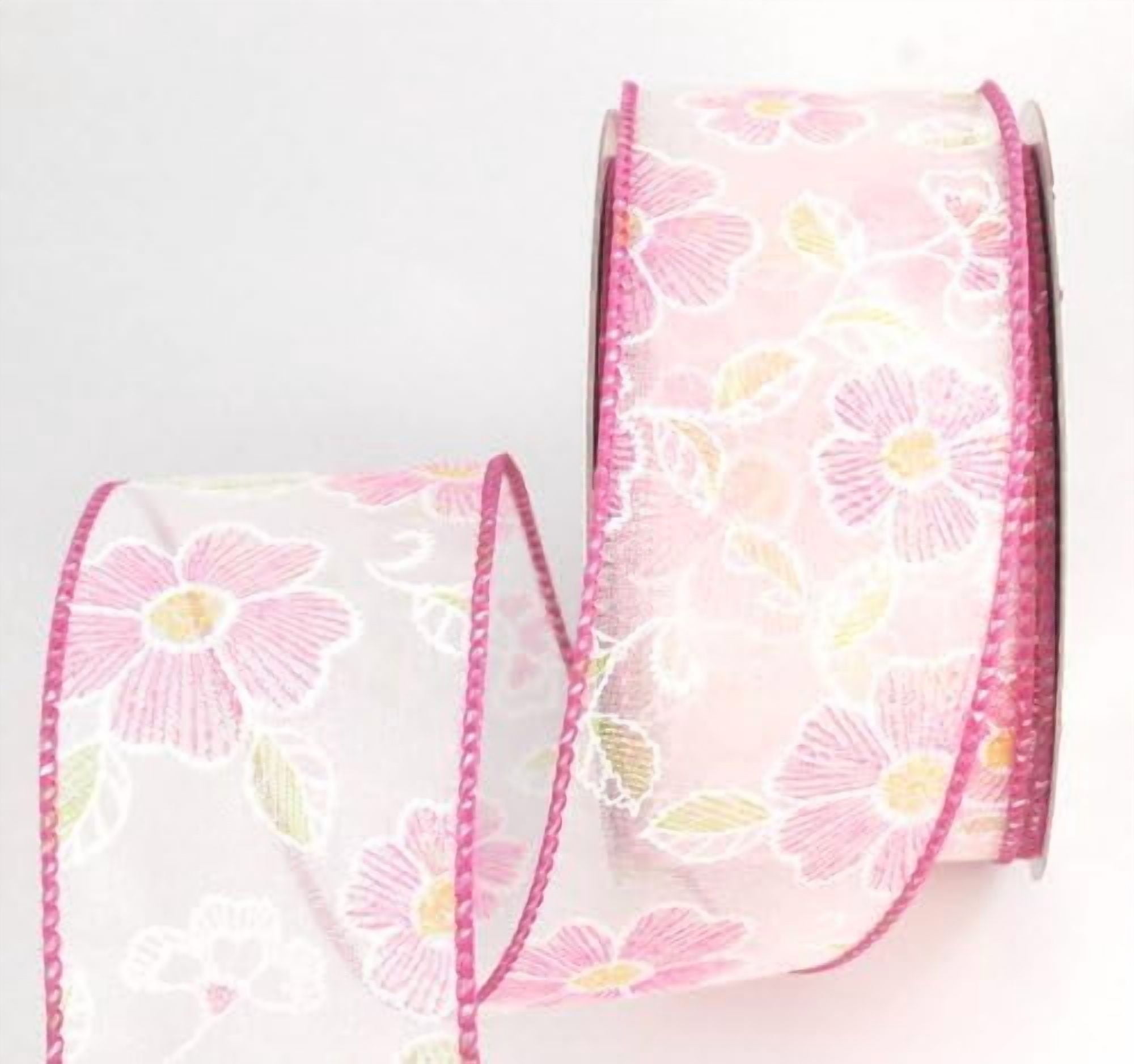Jill Pink Wired Sheer White and Pink and Yellow Flower Spring Ribbon 2 ...