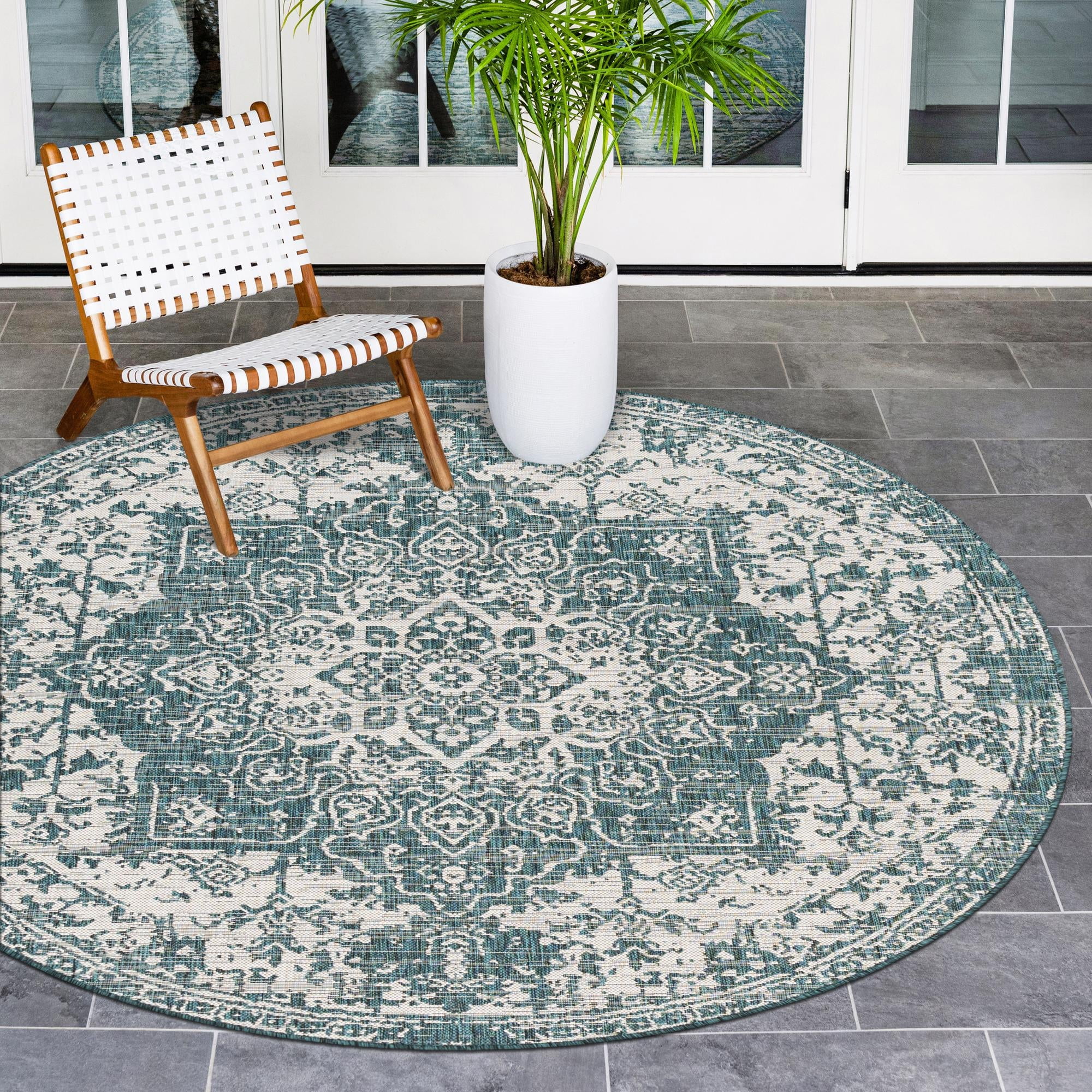 Jill Zarin Outdoor Collection Area Rug - Dubai (10' 8" Round Teal/Ivory ...