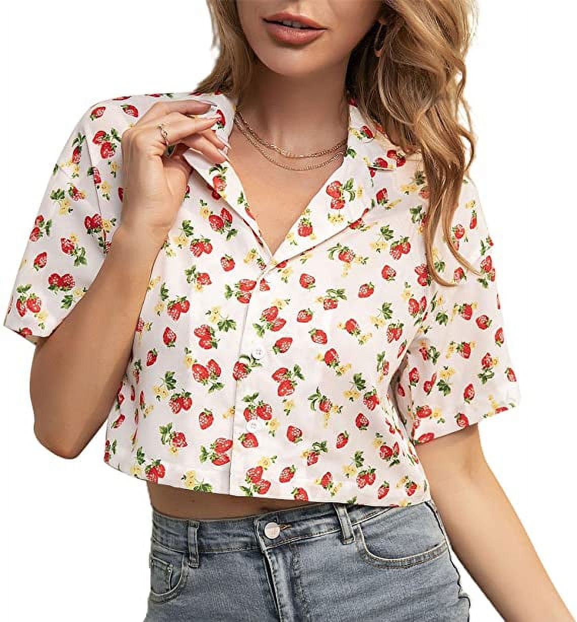 Jillumi Women's Cute Strawberry Print Shirt V-Neck Short Sleeve Floral ...