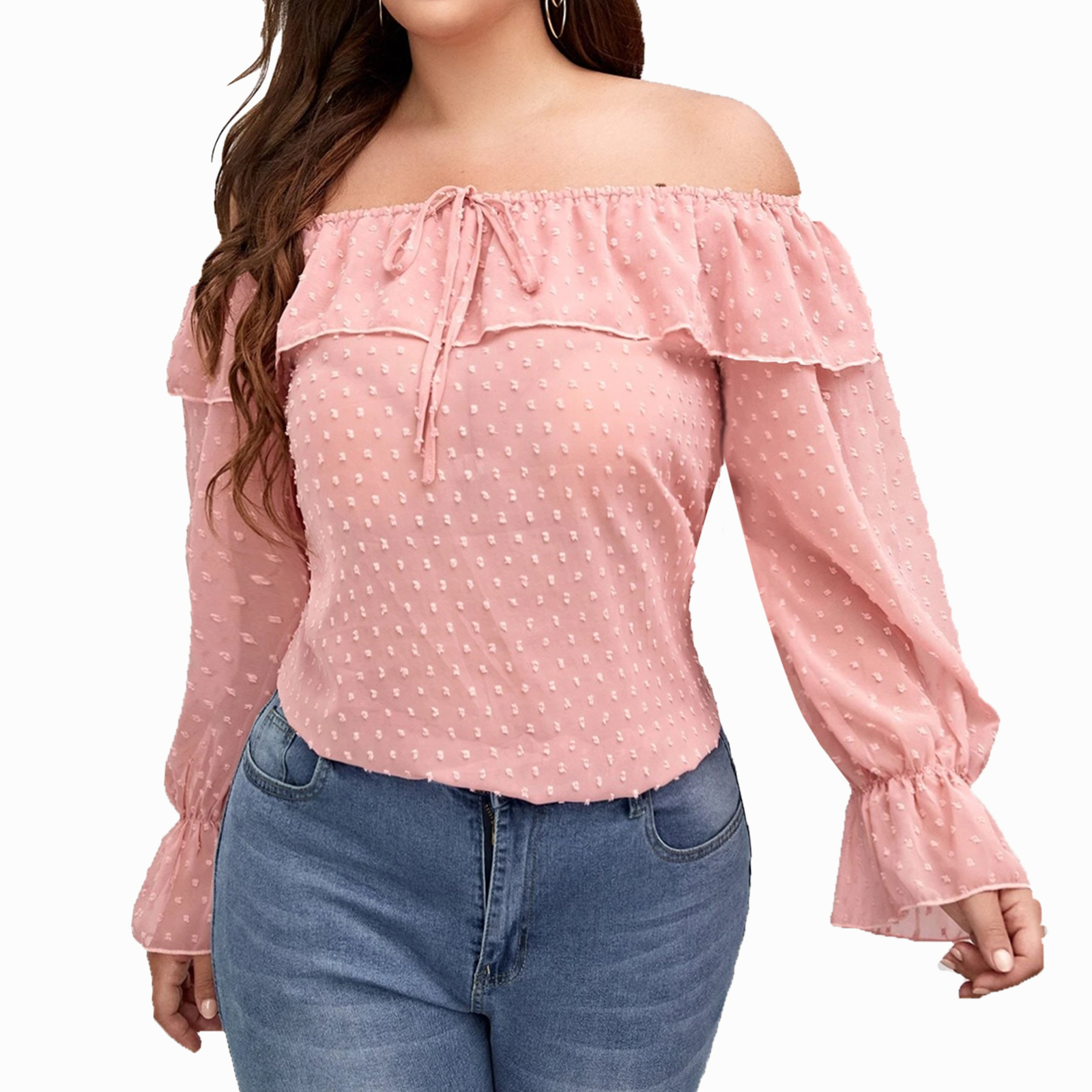 Jillumi Women's Swiss Dot Ruffle Trim Off The Shoulder Drawstring ...