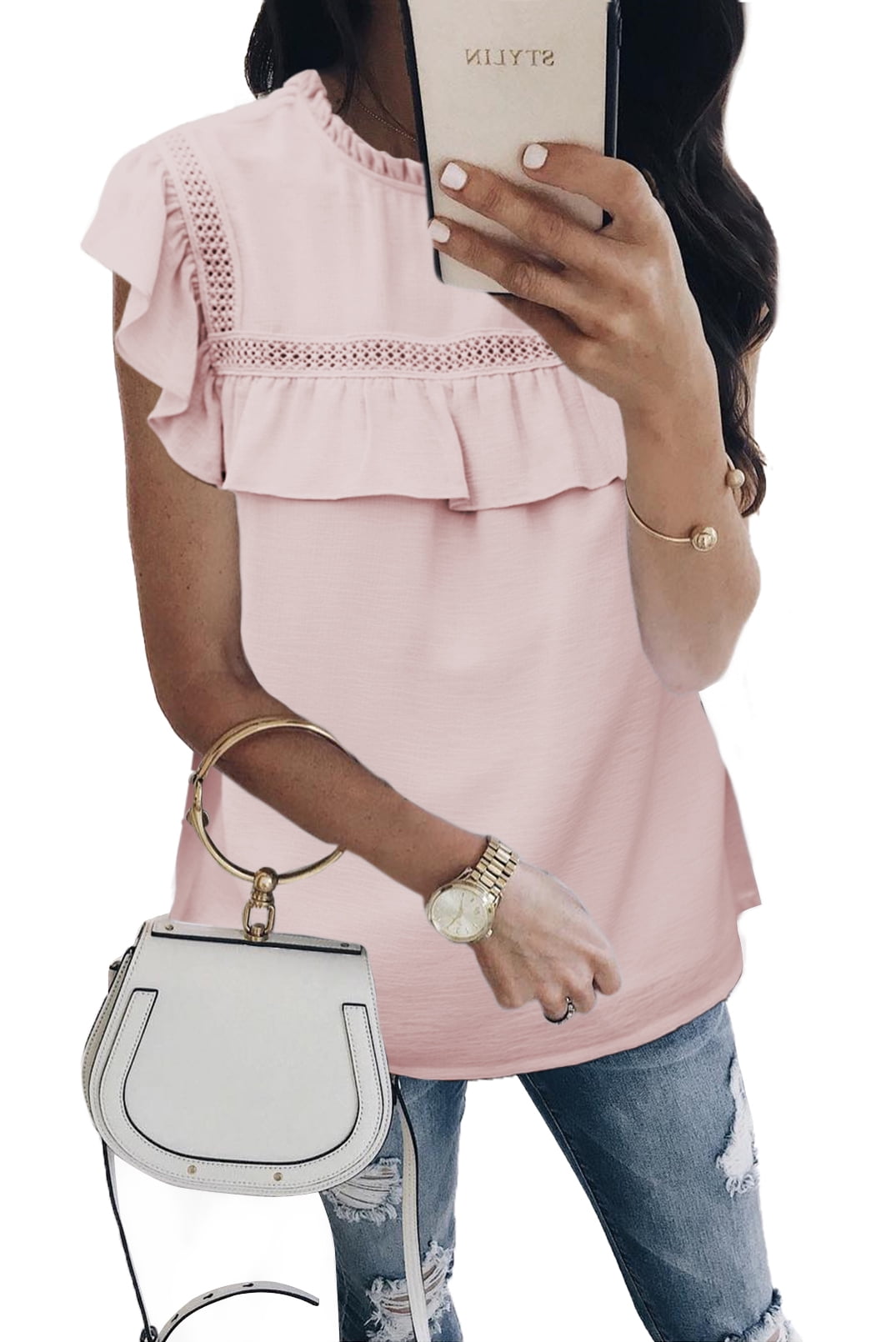 Jillumi Womens Tops Summer Short Ruffle Sleeve Blouses Mock Neck Cute ...