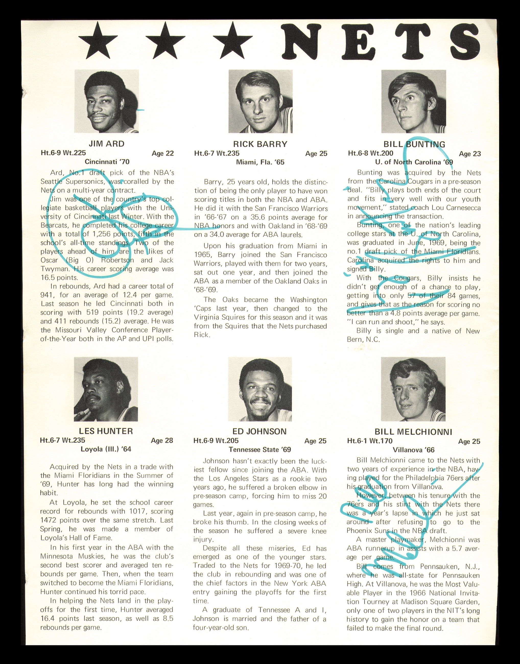 Jim Ard, Bill Bunting & Bill Melchionni Autographed 8x11 Magazine Photo ...