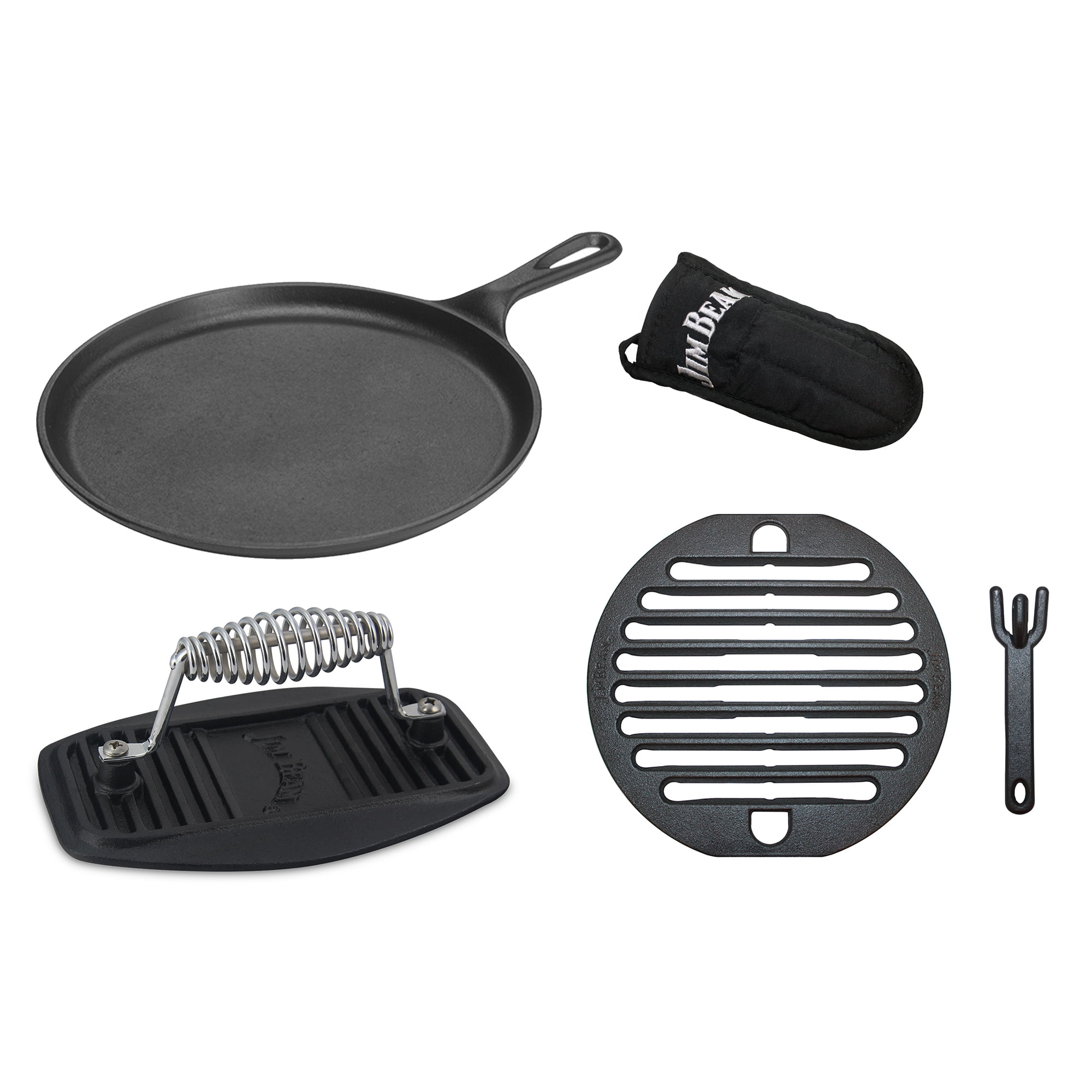 5 piece cast iron grill, mitten, meat press and 10.5" pan - Walmart.com