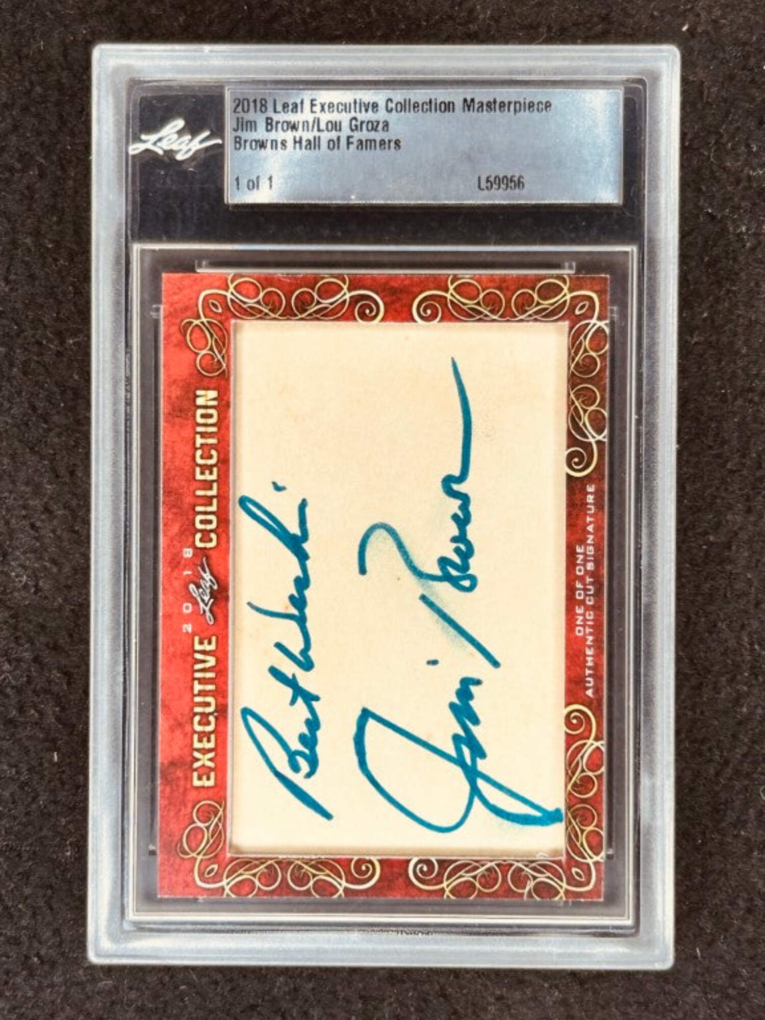 Jim Brown and Lou Groza 2018 Leaf Masterpiece Cut Signature certified ...