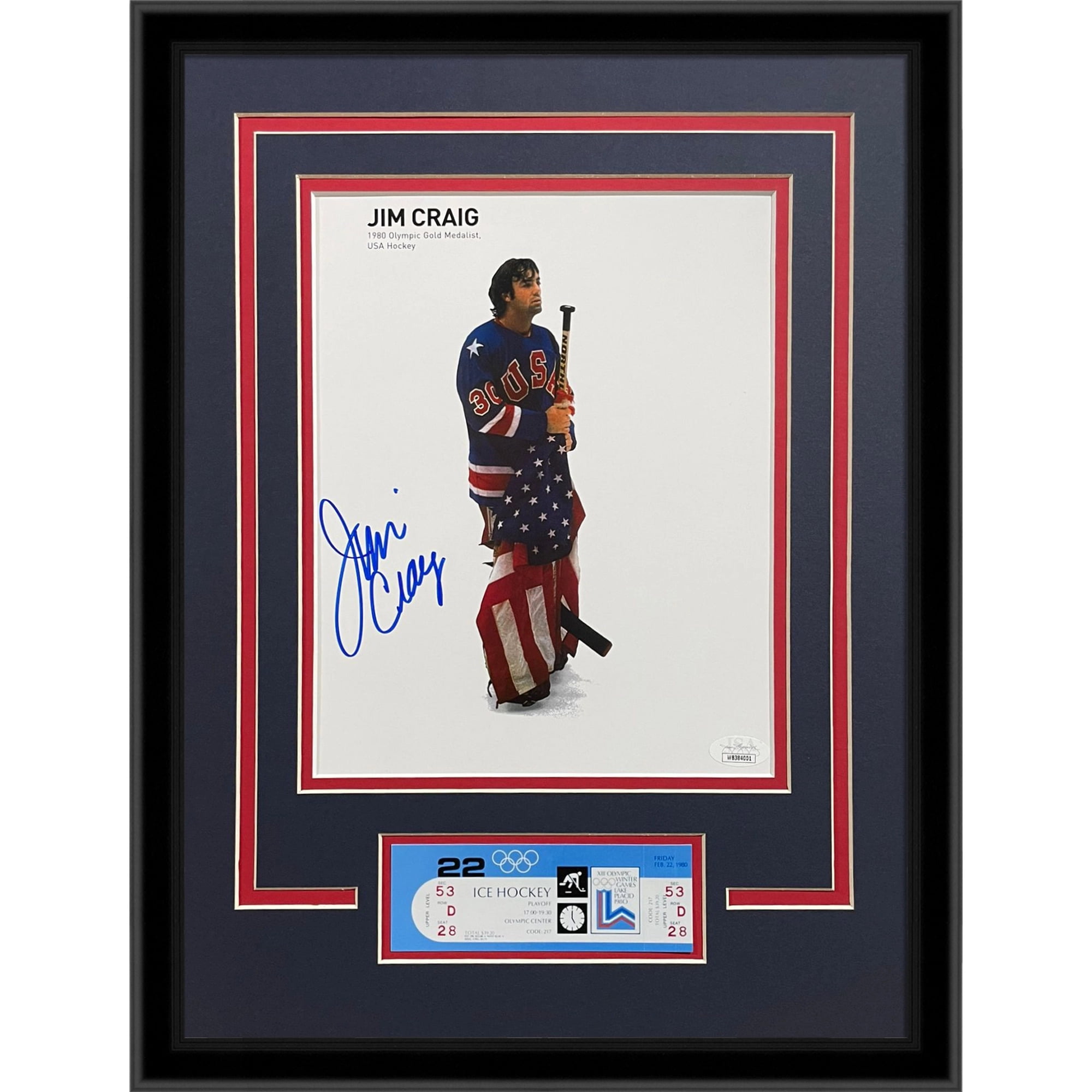 Jim Craig Autographed 1980 USA Hockey Holding Flag Deluxe Framed 8x10 ...