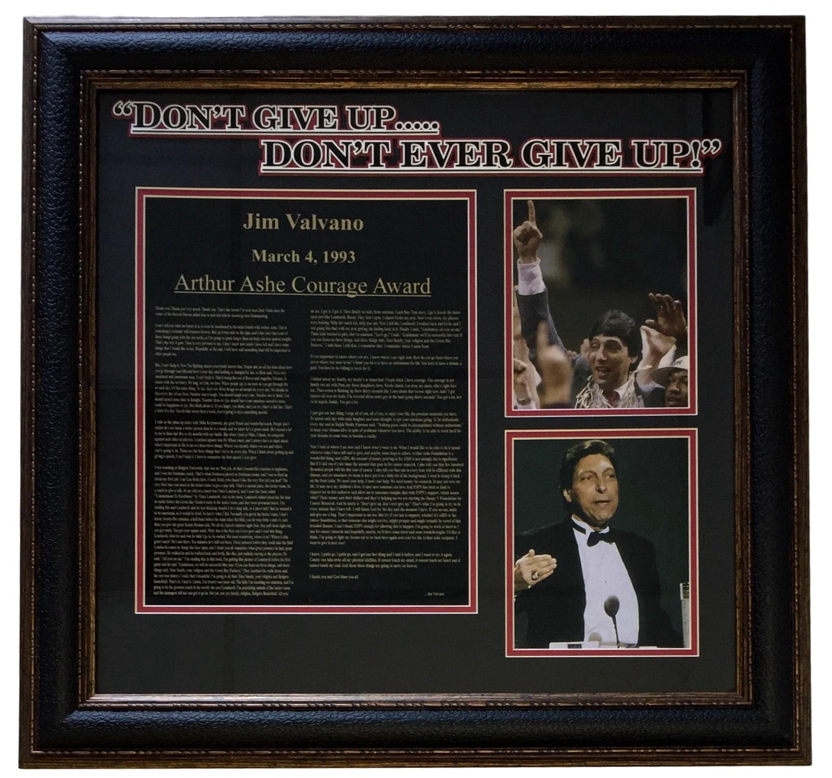 Jim Valvano Framed 25x27 Photo Speech Dont Ever Give Up Arthur Asche ...