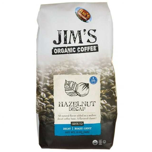 Jim's Organic Coffee Ground Coffee - Hazelnut Decaf 12 oz Pkg - Walmart.com