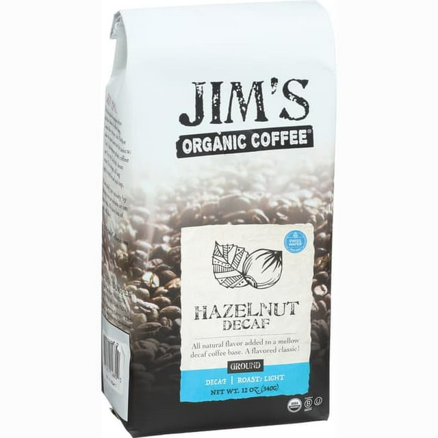 Jim's Organic Coffee Ground Coffee - Hazelnut Decaf 12 oz Pkg - Walmart.com
