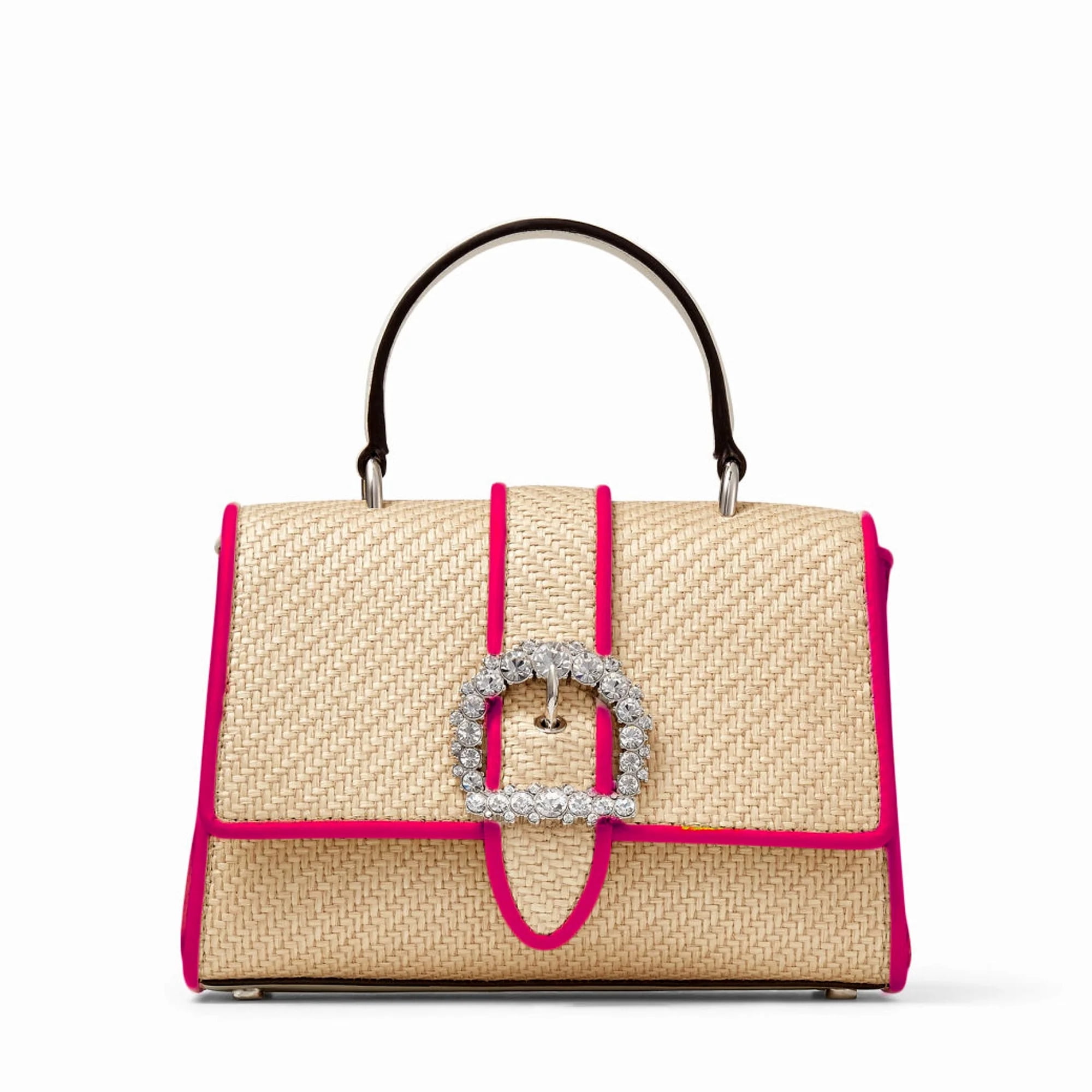 Jimmy Choo Cheri Crystal Medium Top Handle Bag Raffia Pink Leather Trim ...