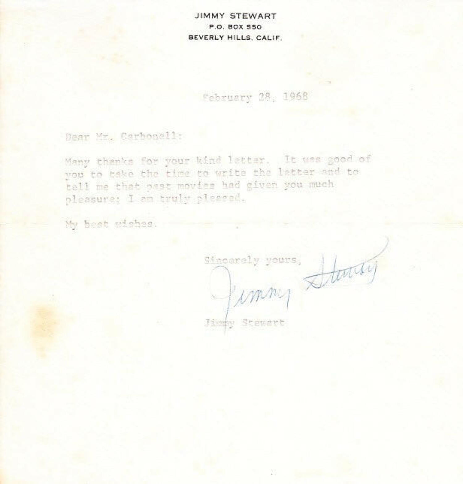 Jimmy Stewart secretarial signed 1968 thank you note on personal ...