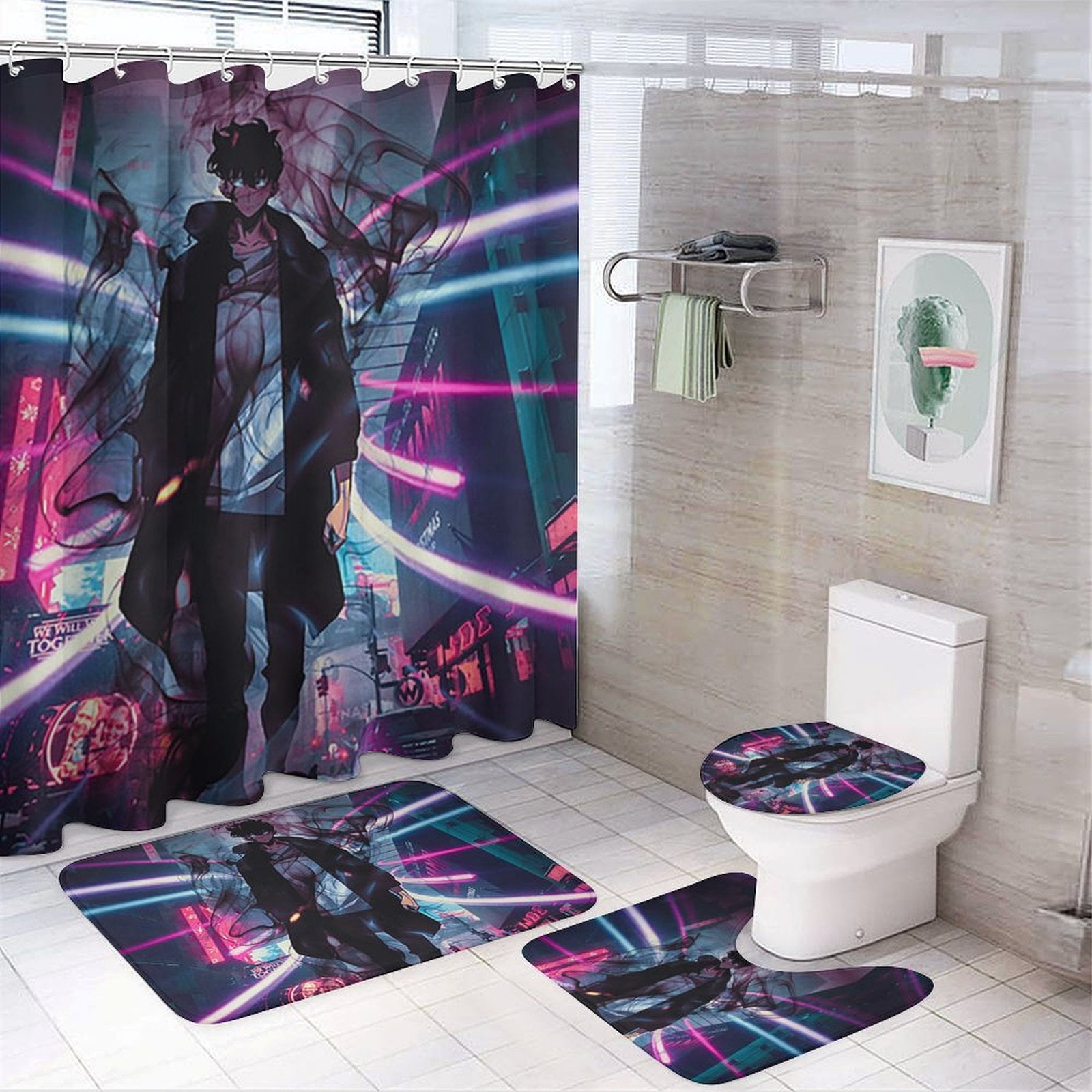 Jin Woo Solo Leveling 4 Piece Bathroom Shower Curtain Sets Non-Slip ...