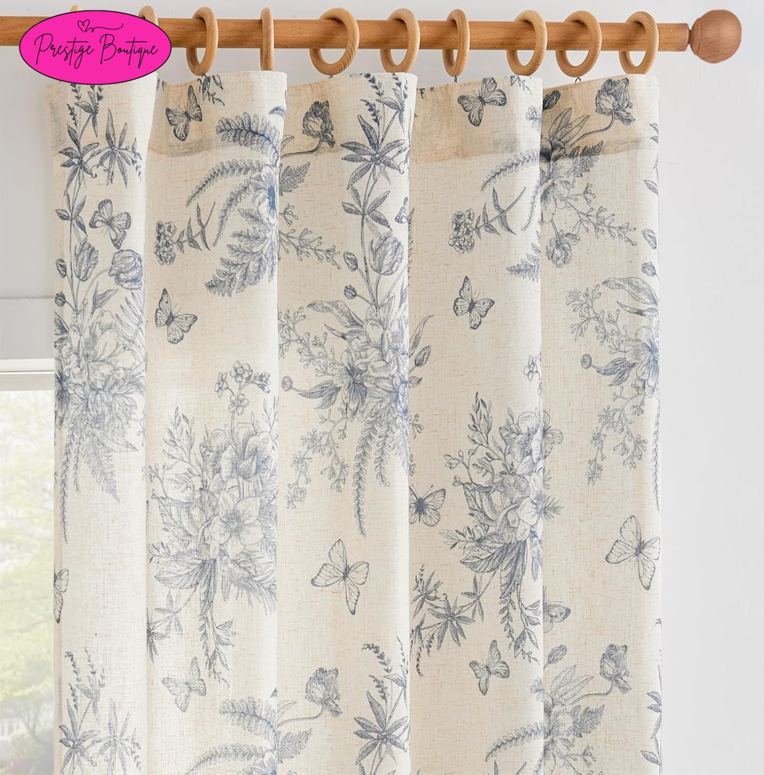 Jinchan Floral Linen Blend Curtains for Living Room Blue French Country ...
