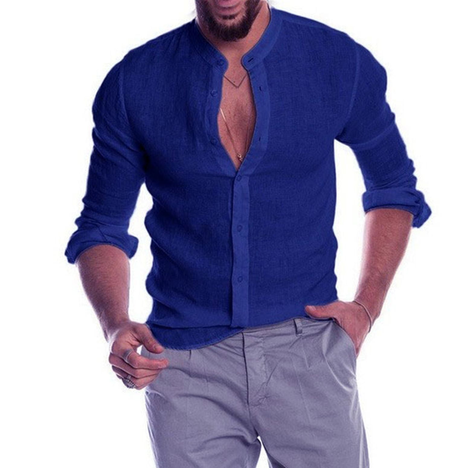 SWSMCLT Men's Beach Top Long Sleeve Shirts Linen Shirt Cotton Button ...