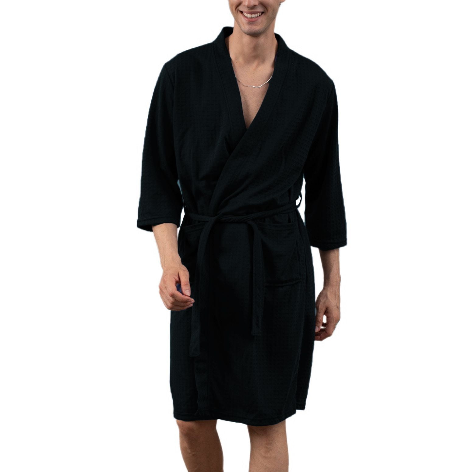 SWSMCLT Men's Waffle Bath Robe Spa Robes Soft 3/4 Sleeve Belted ...
