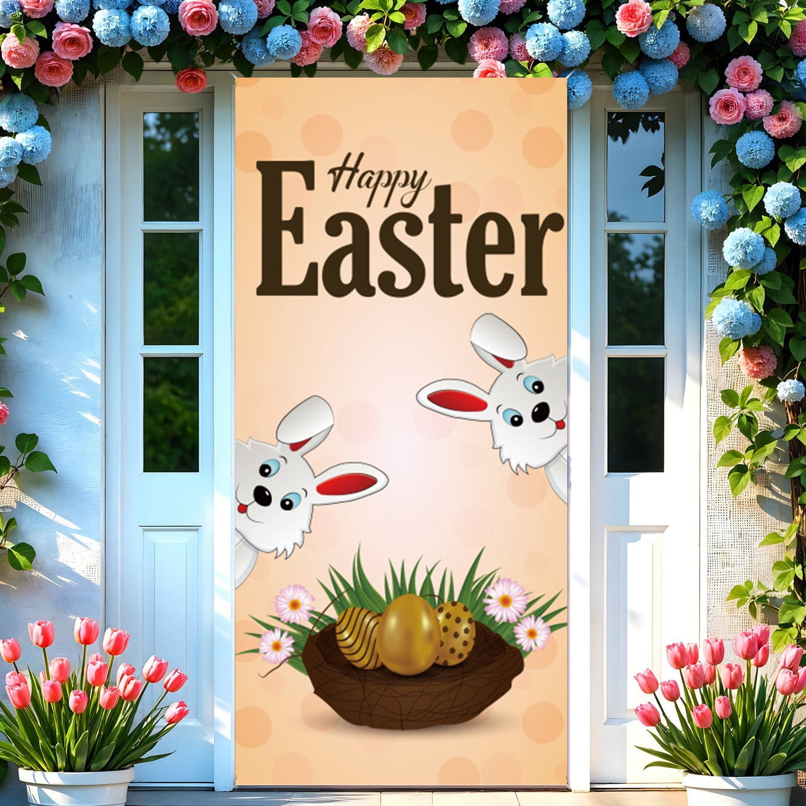 JingChun Happy Easter Door Cover Bunny Eggs Flower Spring theme Party ...