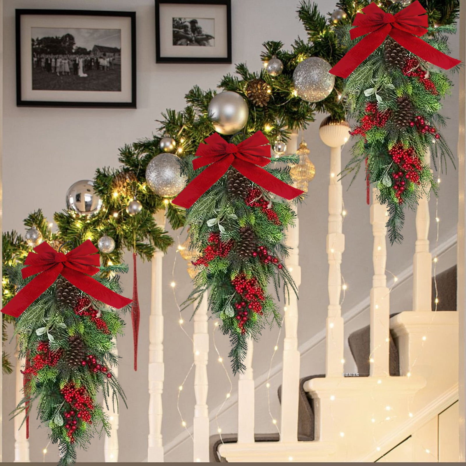 Taicans JingPin ‌Teardrop Swag Christmas Wreath with Red Bow & Pine ...