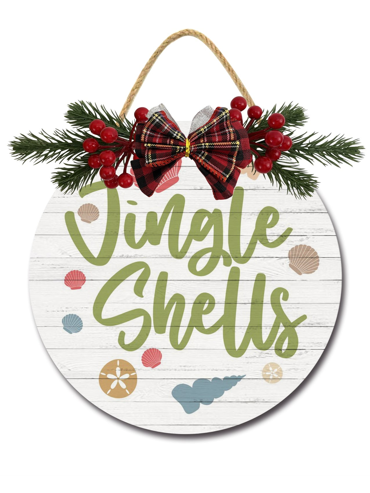 Jingle Shells Sign Front for Door Decoration, 12" Round Wood Wreaths ...