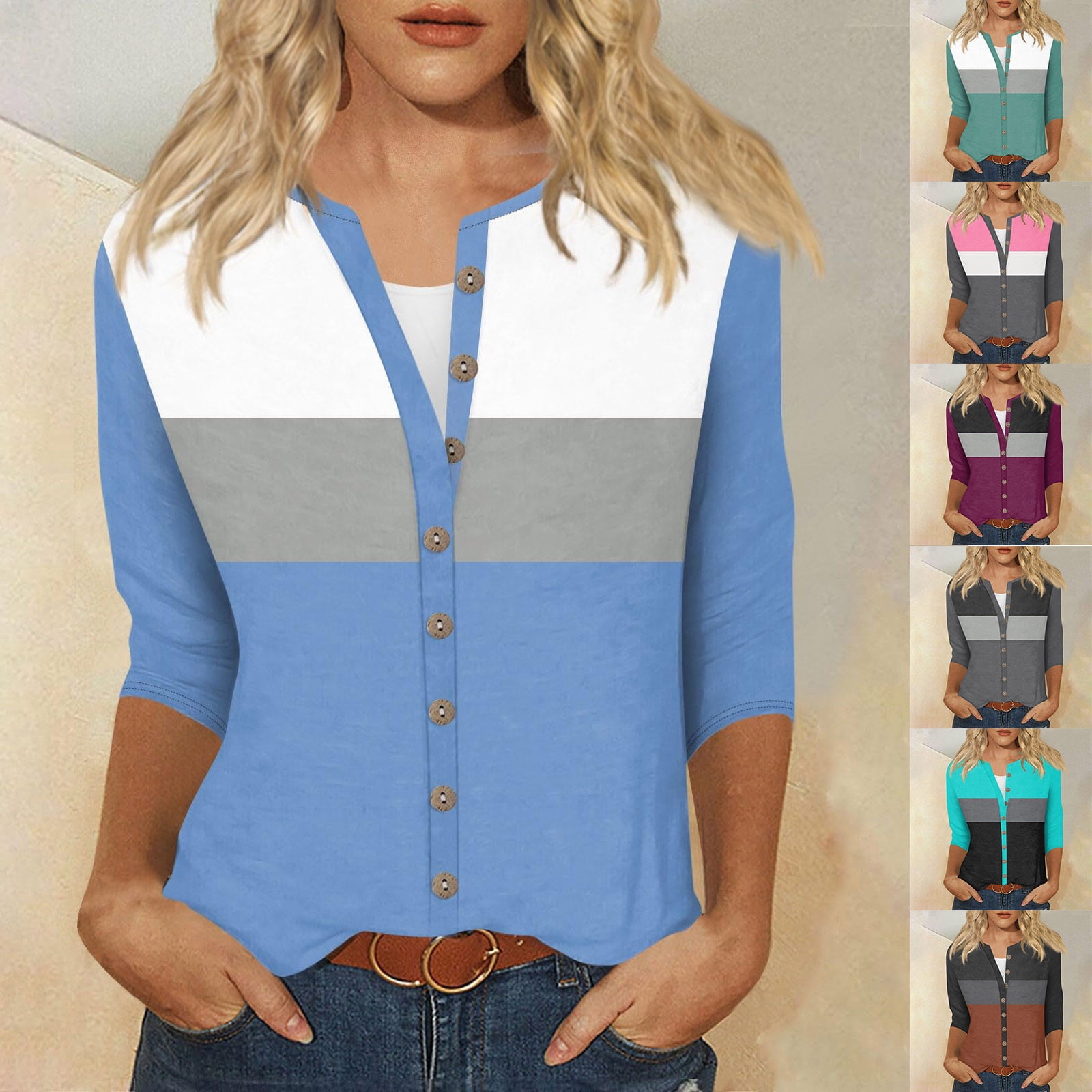 Jinhomg 3/4 Sleeve Button Down Tees for Women Trendy Color Block T ...