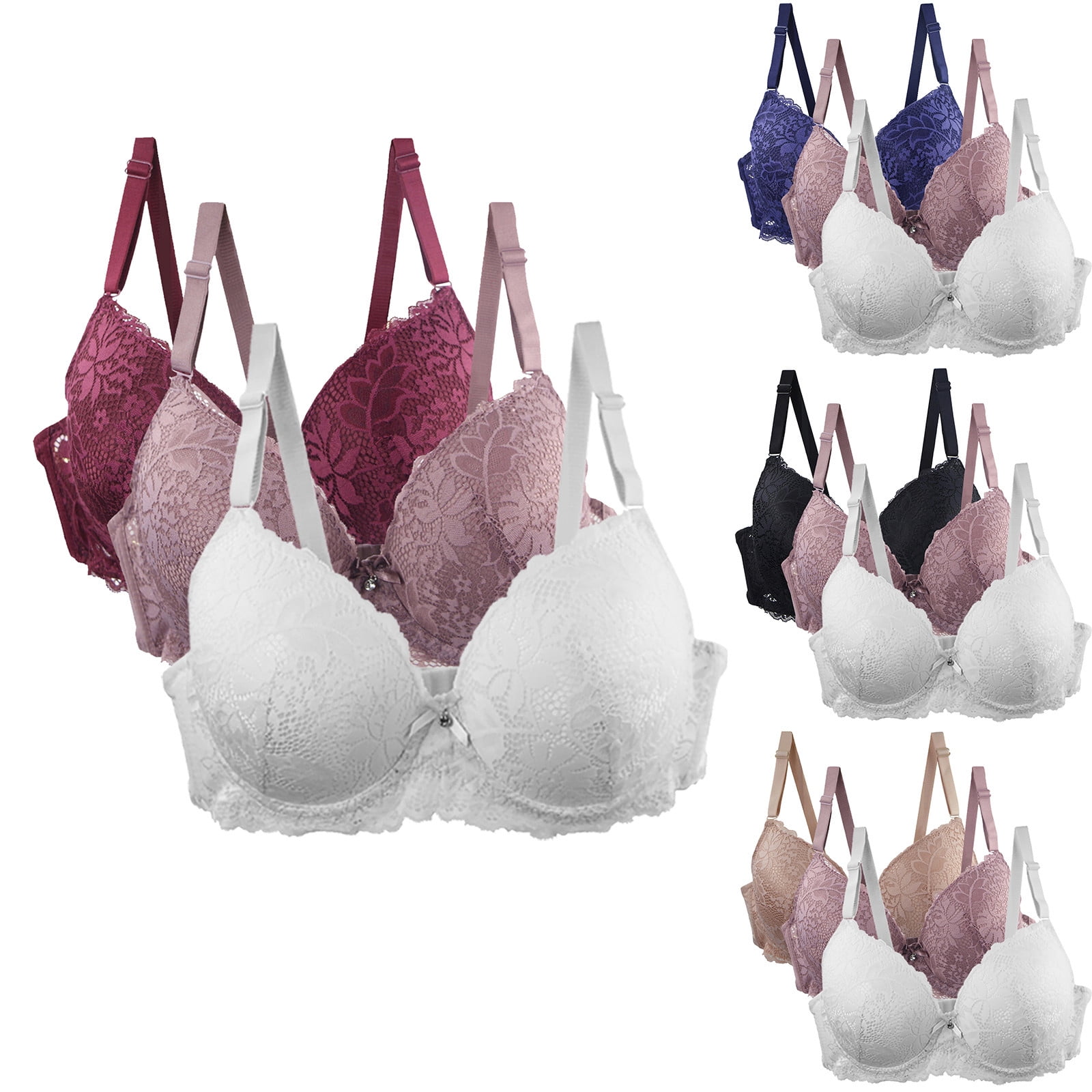 Jinhomg 3 Pack Lace Bra for Women Padded Push Up Wireless Bras ...