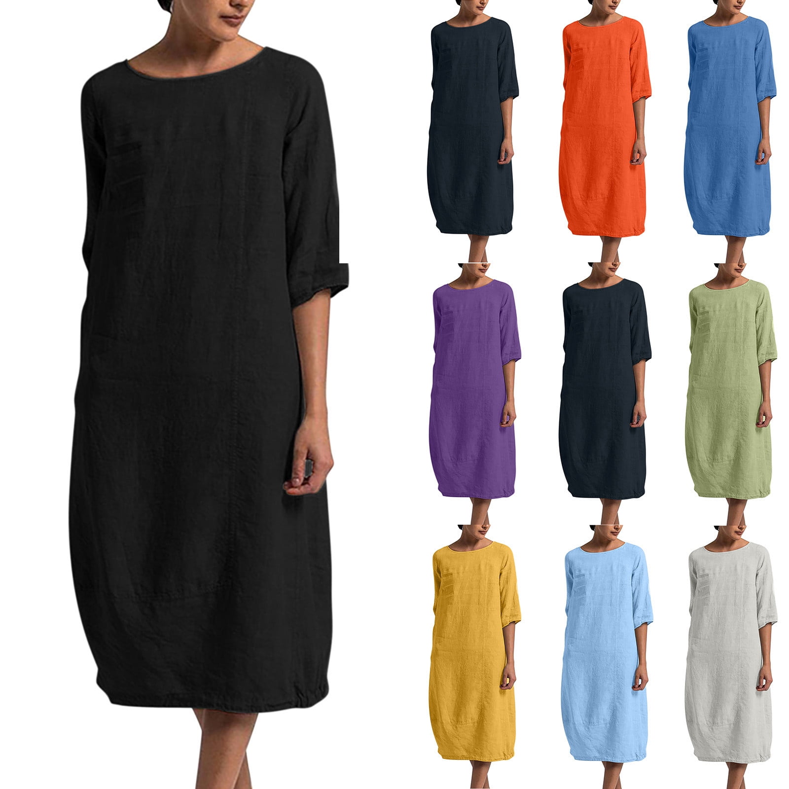 Jinhomg Basic Dress for Women Plain Cotton Linen Midi Dresses Loose Fit ...