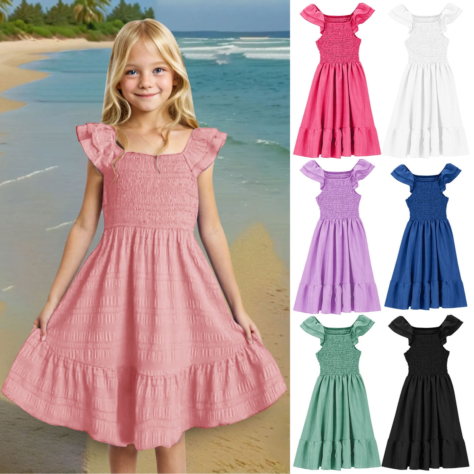 Jinhomg Beach Dress for Girls 2025 Fashion Ruffle Sleeve Smocked Flowy ...