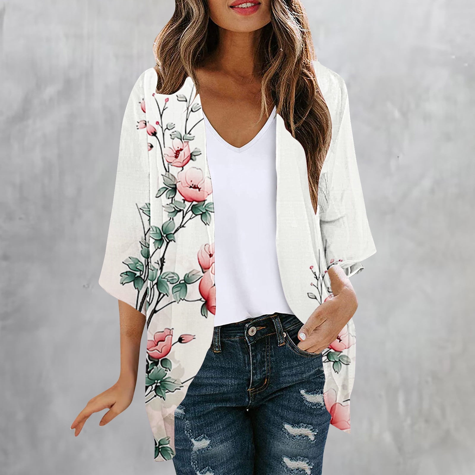 Jinhomg Cardigan for Women Flowy Comfy Open Front 3/4 Sleeve Cardigans ...