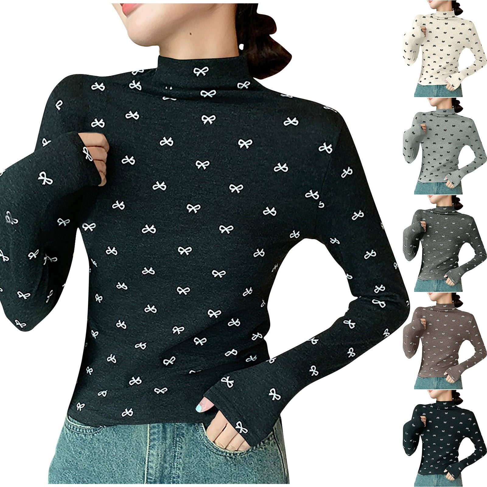 Jinhomg Casual Pullovers for Women Cute Bowtie Print Spring Undershirts Slim Fit Comfy Long ...