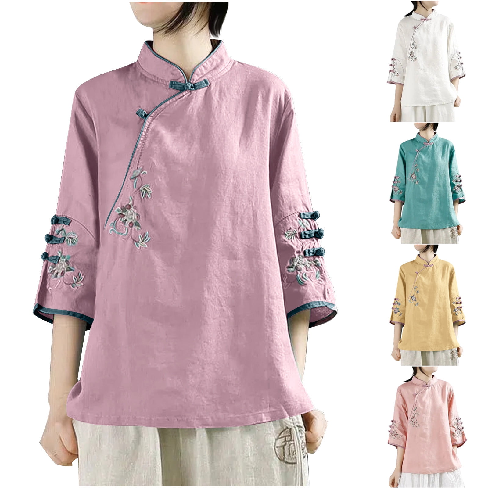 Jinhomg Cotton Linen Blouse for Women 3/4 Sleeve Chinese Frog Button ...
