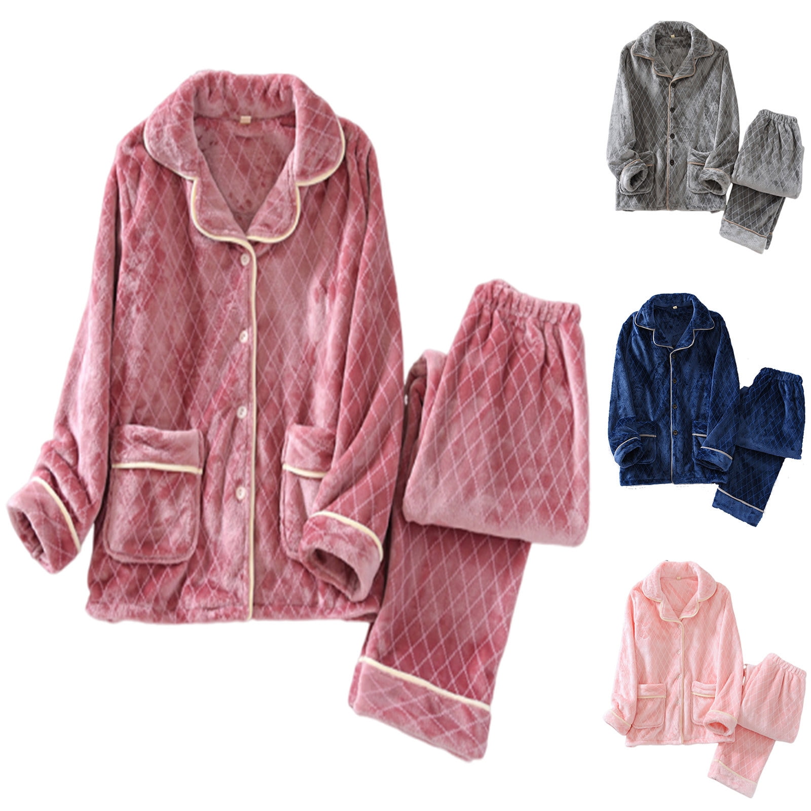 Jinhomg Cute Flannel Pajama for Women Fall Winter 2 Piece Soft Thermal Fleece Sleepwear Casual ...