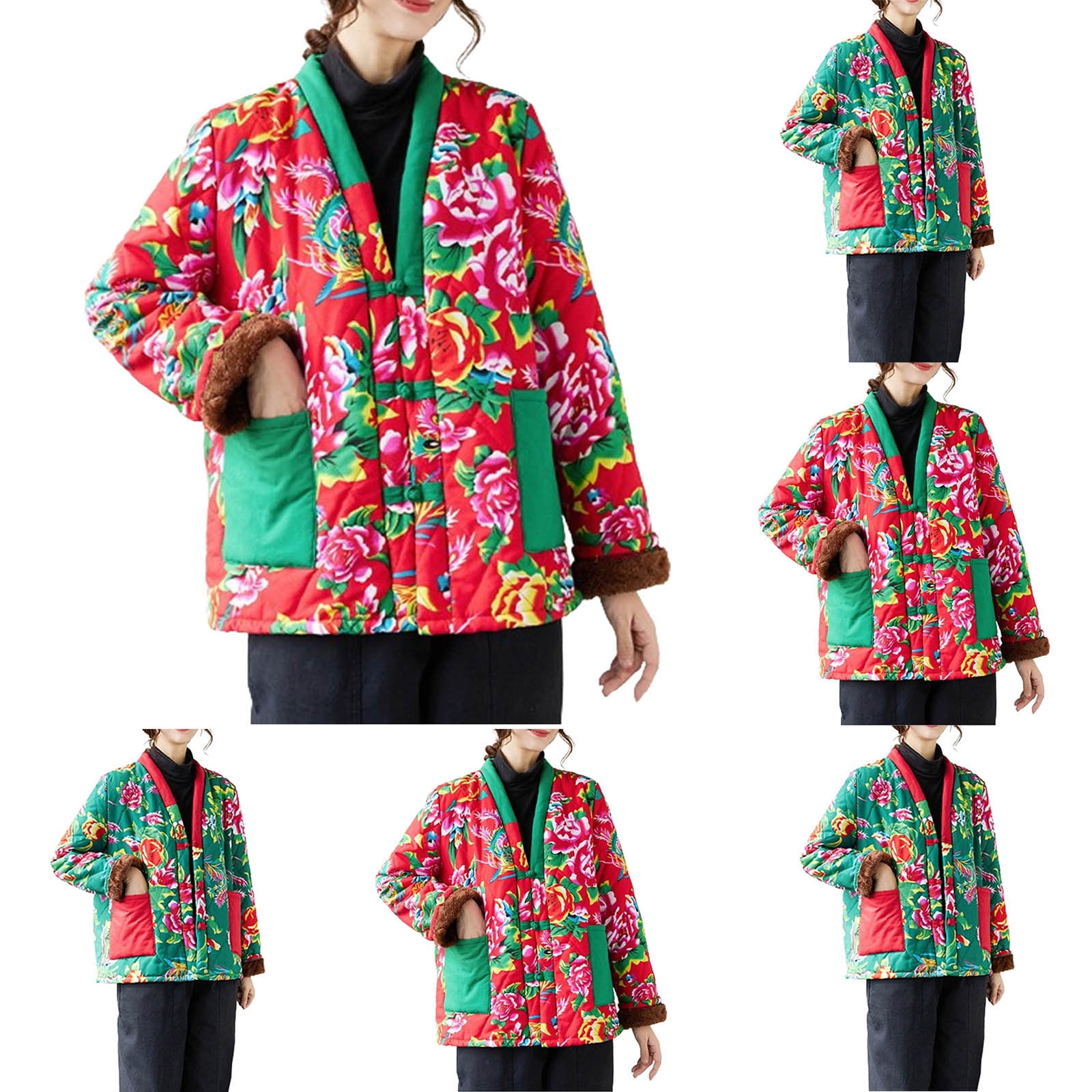 Jinhomg Fashion Puffer Coat for Women Elegant Ethnic Style Floral Print ...