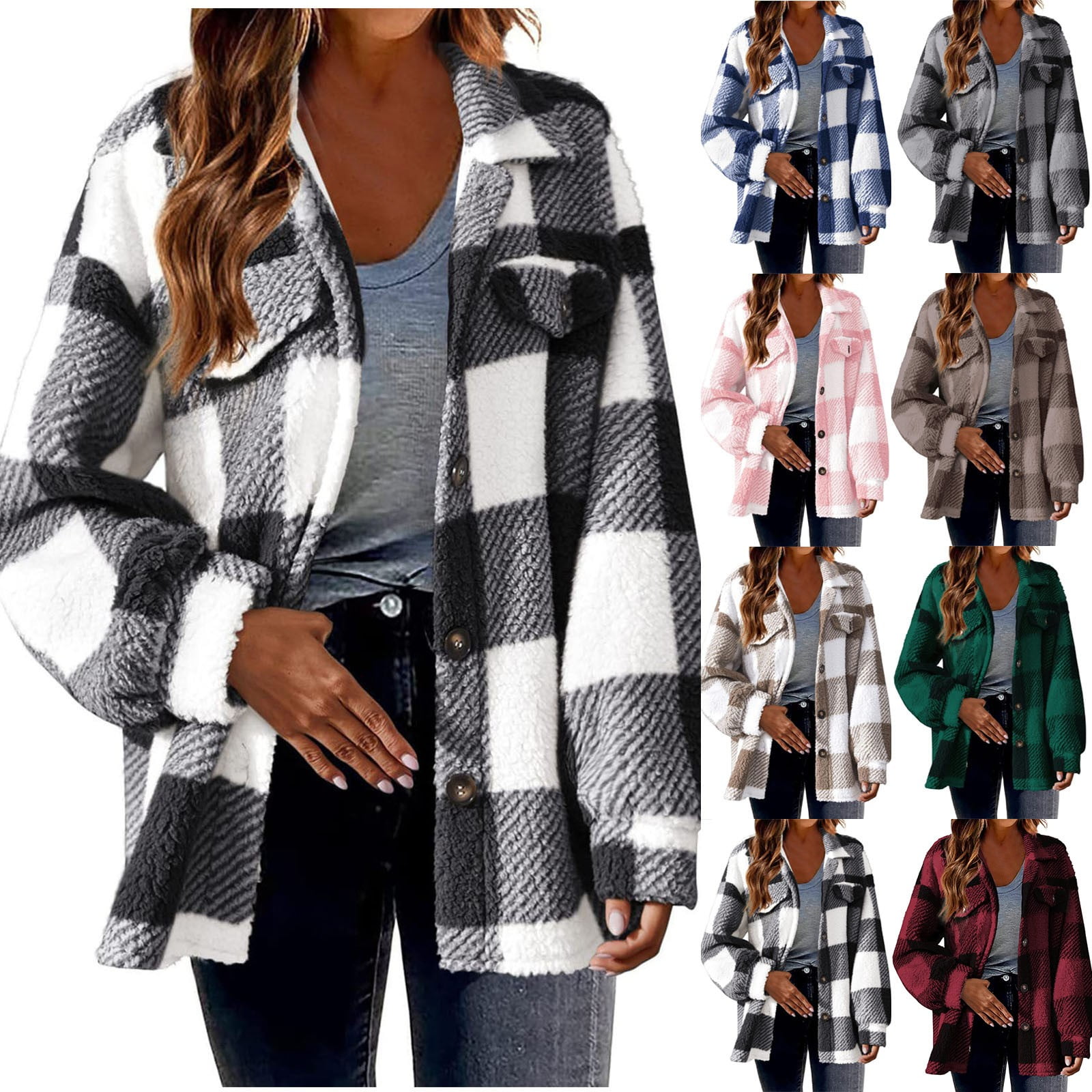 Jinhomg Fleece Plaid Shacket for Women Soft Cozy Button Down Jacket ...