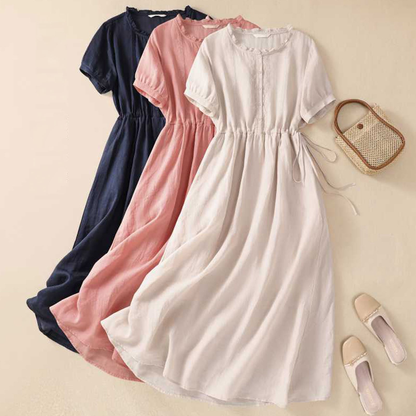 Jinhomg Flowy Dresses for Women 2025 Casual Summer Cotton Linen Tunic ...