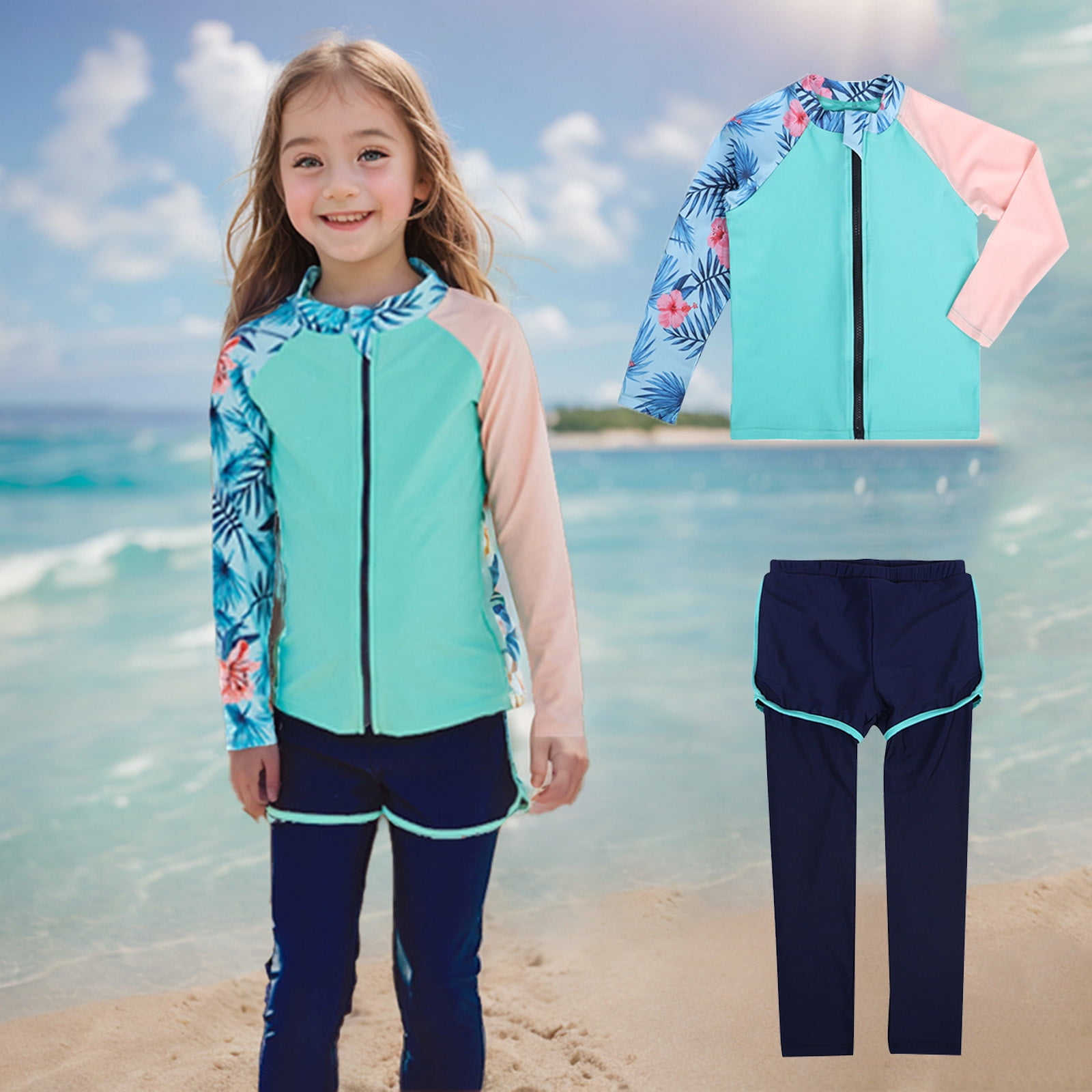 Jinhomg Girls Rash Guard Swimsuits Sun Protection Long Sleeve Full Zip ...
