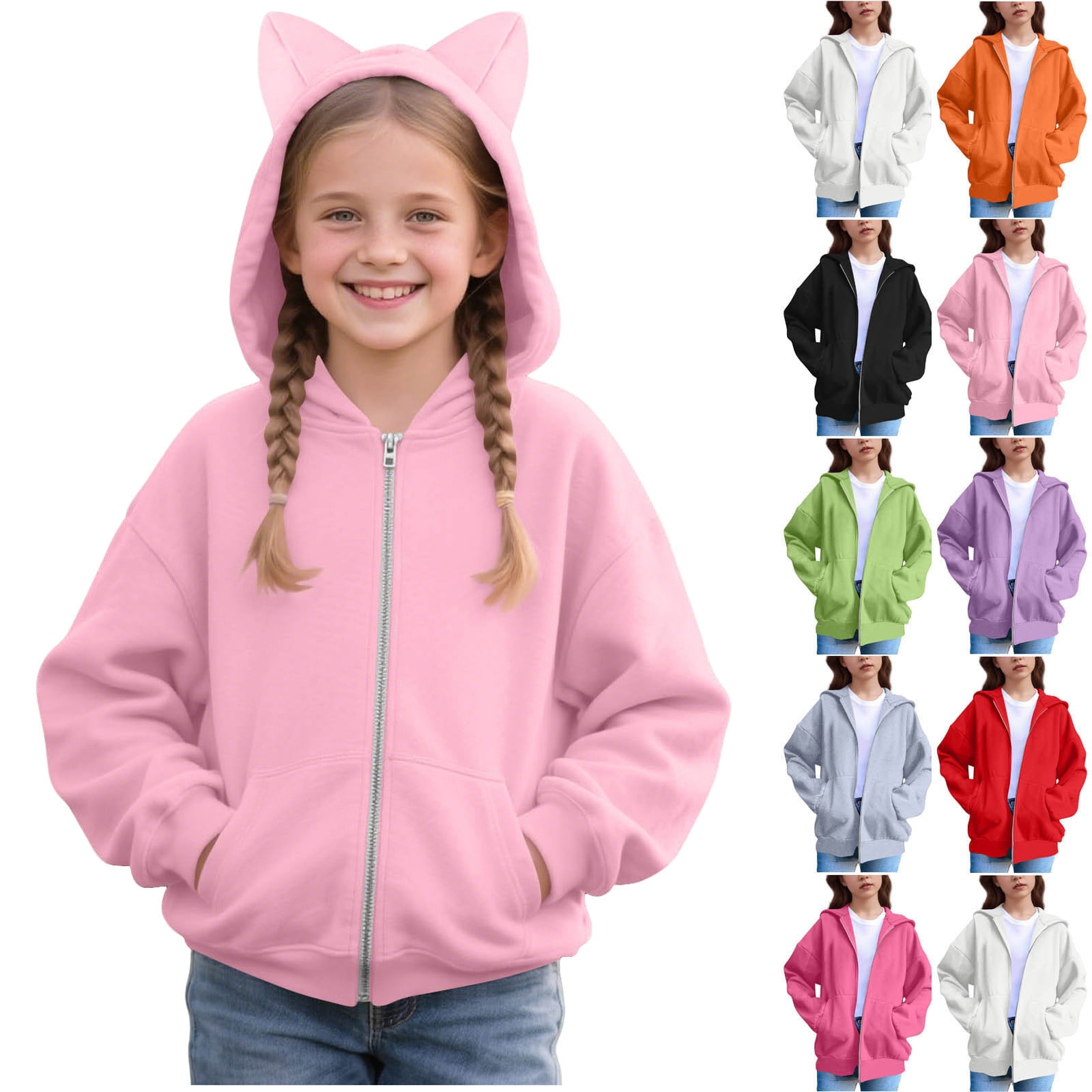 Jinhomg Girls Zip Up Hoodie Long Sleeve Cat Ear Hooded Jacket Kids ...