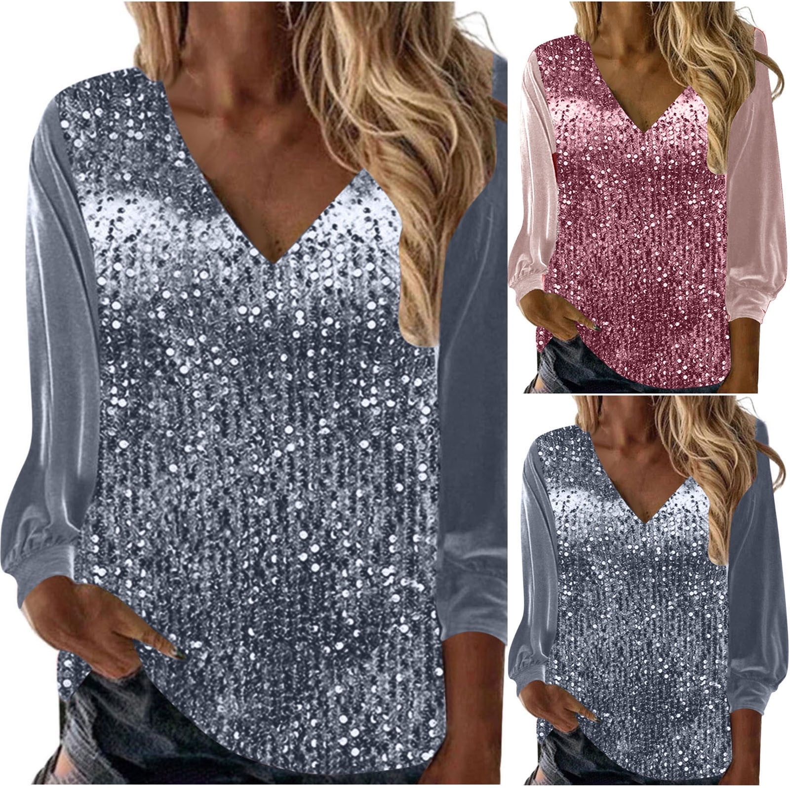 Jinhomg Gold Womens Sequin Velvet Tops Glitter Sparkly Blouse Trendy V ...