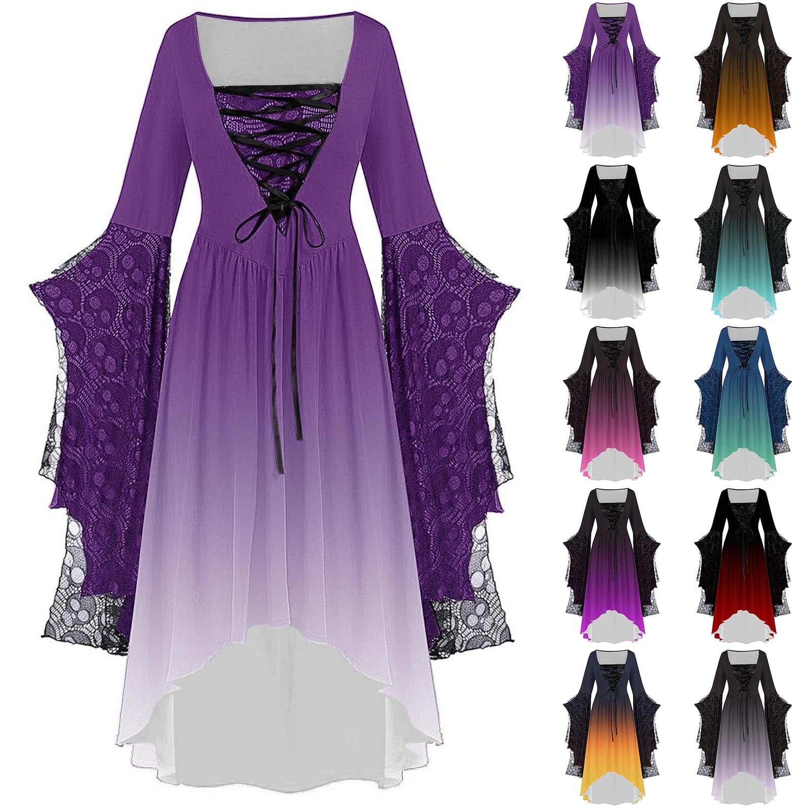 Jinhomg Gothic Lace Dress for Women Batwing Sleeve Lace-Up Maxi Dresses ...